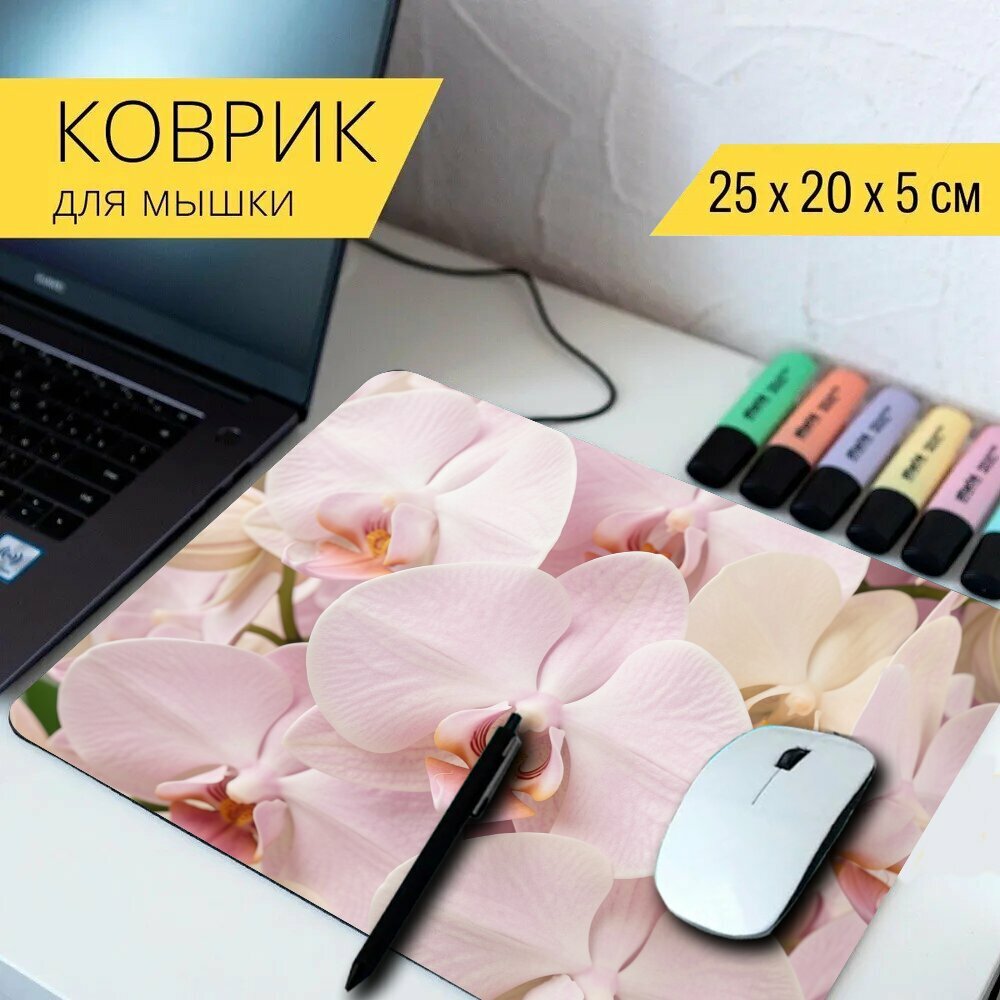 Коврик для мыши с принтом "Нежные орхидеи пастельных оттенков. Крупный план изящных цветов в мягкой пастельной гамме: светло-розовые и кремовые лепестки, деликатные." 25x20см.