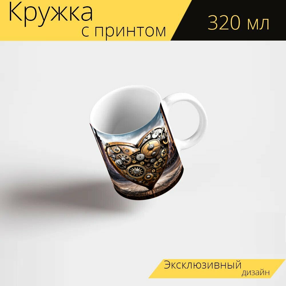 Кружка с рисунком, принтом "Сердце, выполненное в стиле стимпанк, с шестеренками и механизмами, на фоне индустриального города" 320 мл.