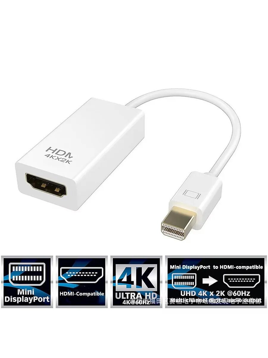 Переходник miniDP (miniDisplayPort) - HDMI, Адаптер miniDP-HDMI 4K для ПК и ноутбука. Белый.