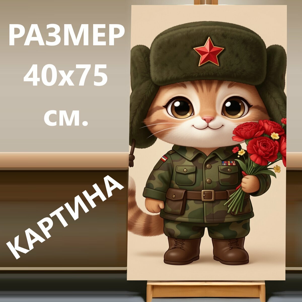 Картина на холсте "Кот в военной форме с цветами. Милый пушистый котёнок в камуфляжной форме и ушанке со звездой, с букетом красных гвоздик." на подрамнике 75х40 см. для интерьера