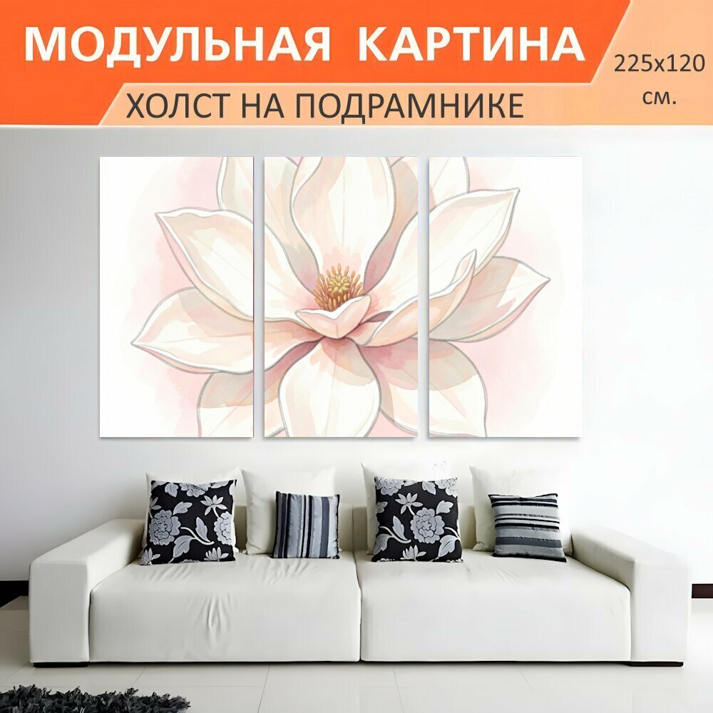Модульная картина на холсте "Белый цветок магнолии. Нежное ботаническое изображение крупного лепесткового соцветия в акварельной." триптих на подрамнике 225х120 см. для интерьера