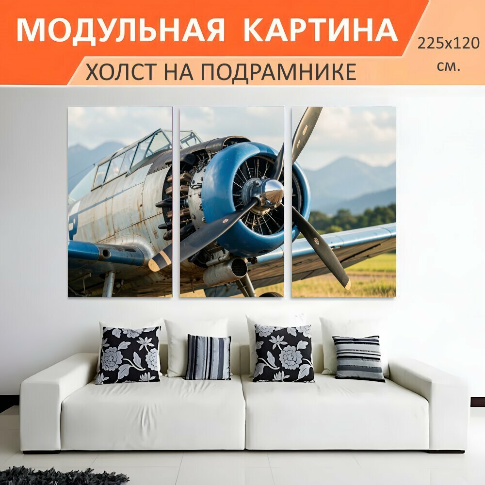 Модульная картина на холсте "Винтажный самолет на поле. Ретро воздушное судно с большим винтом и синим капотом стоит на травяной." триптих на подрамнике 225х120 см. для интерьера