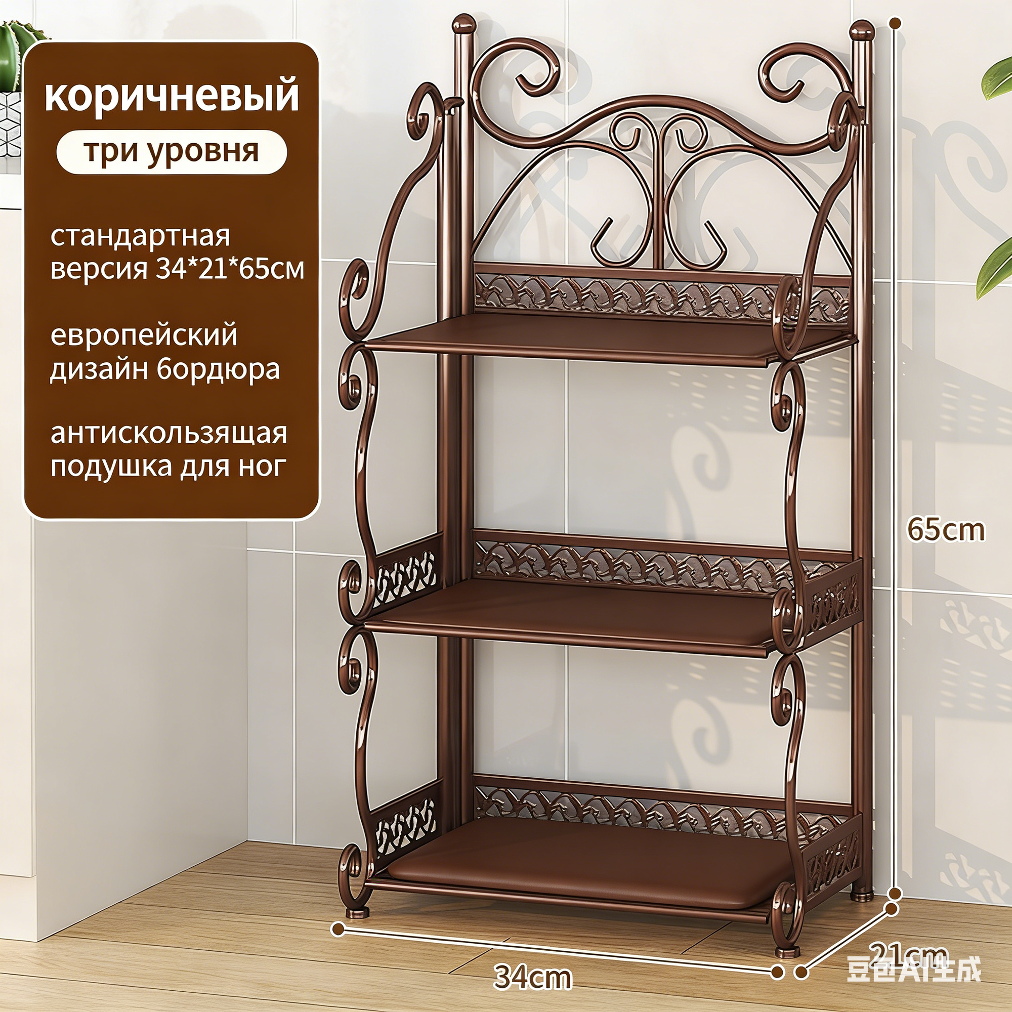 Металлический книжный шкаф, коричневый, 3-слойная книжная полка, 34 см х 21 см х 65 см