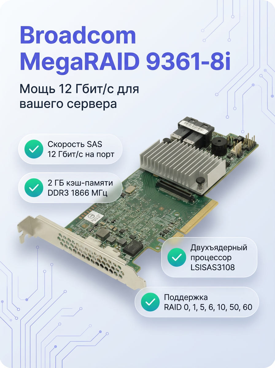LSI MegaRAID SAS 9361-8i (RTL) PCI-Ex8, 8-port SAS/SATA 12Gb/s RAID 0/1/5/6/10/50/60, 2Gb