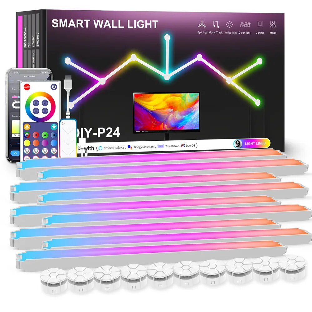 Умный настенный светильник RGB Wi-Fi световая панель для дома, комплект 9 линий, белый