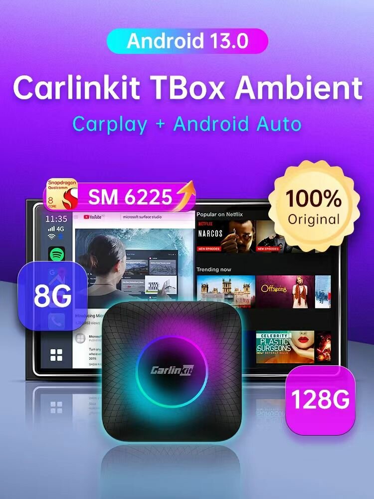 Carlinkit Wireless CarPlay / Android Auto — автомобильный Android‑блок 8G+128G с чипом Qualcomm 6225, глобальная 4G версия для салона