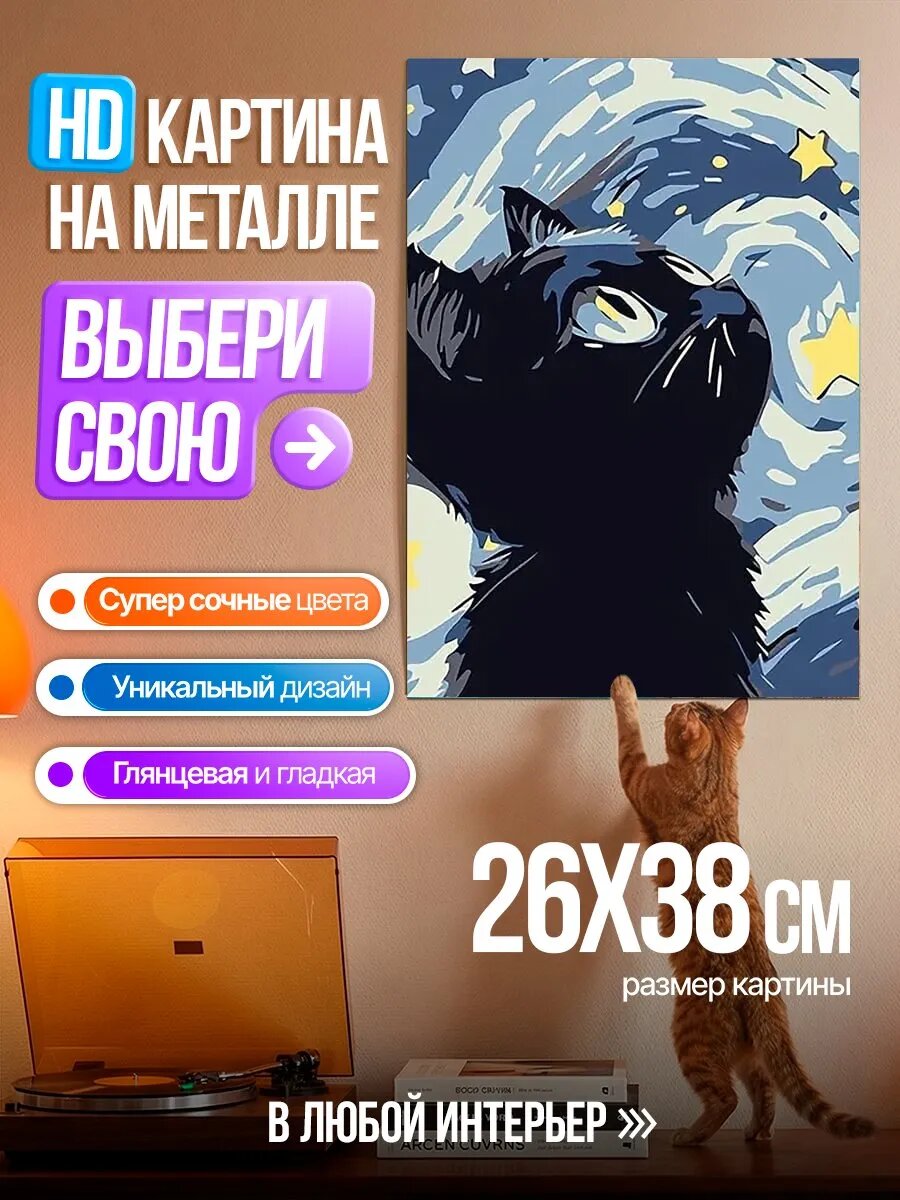 Картина на HD металле Черный кот Ван Гог