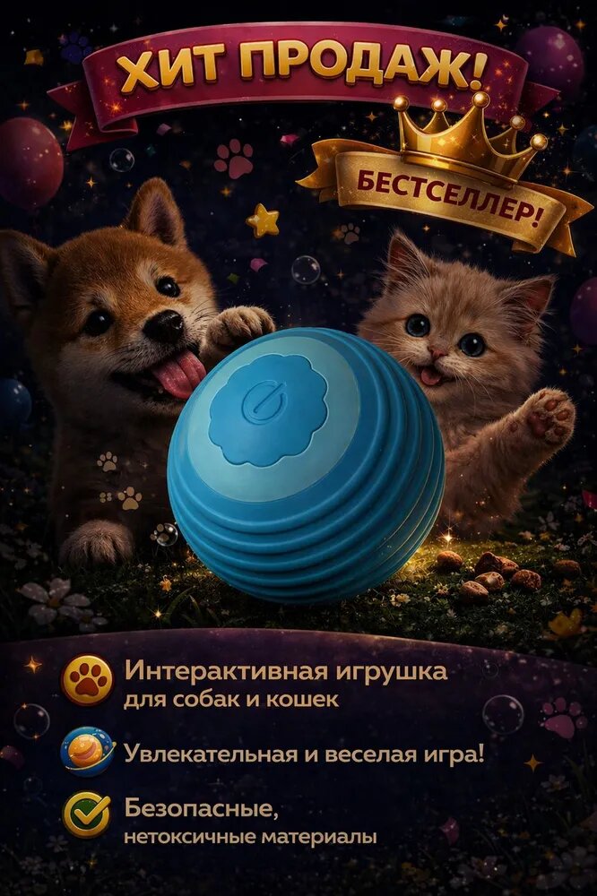 Игрушка для кошек Smart Pet Ball 01, интерактивный электрический шар с автодвижением и подсветкой, небесно-голубой
