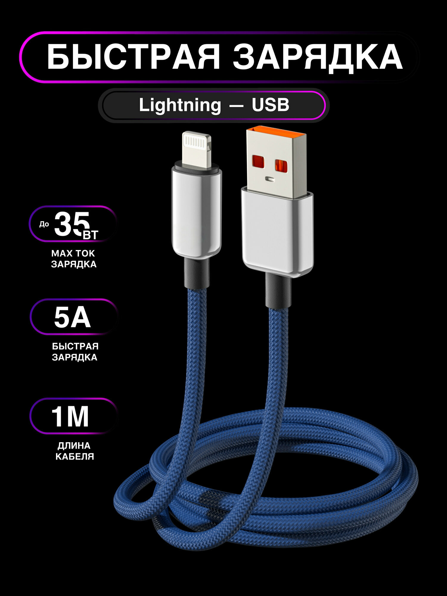 Кабель быстрой зарядки для iPhone, USB - Lightning, iPhone, 25Вт 3A, синий