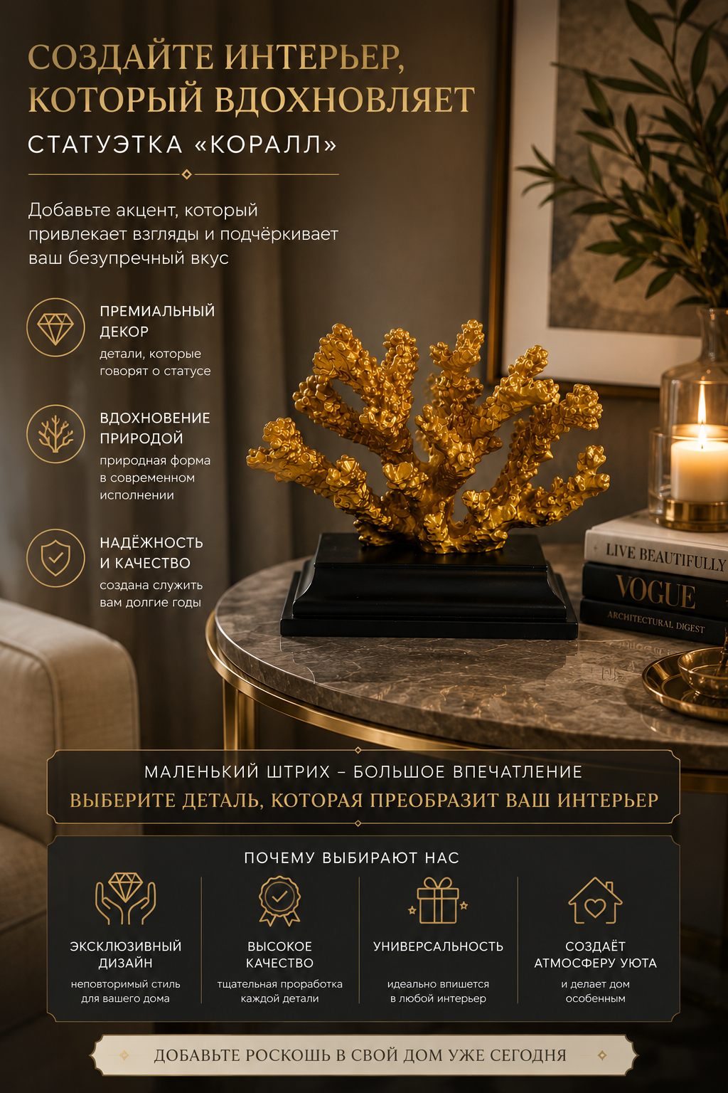 Статуэтка Коралл полисмолы золото Casaentera 16х9х12 см CE04-28-739