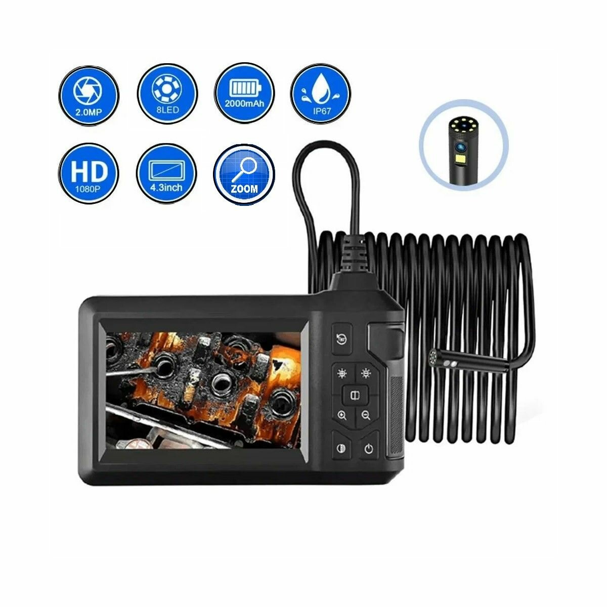 Эндоскоп, с экраном, 2 камеры, 8 мм, 2 метра, IPS дисплей 4.3", функция Zoom, IP67, с подсветкой