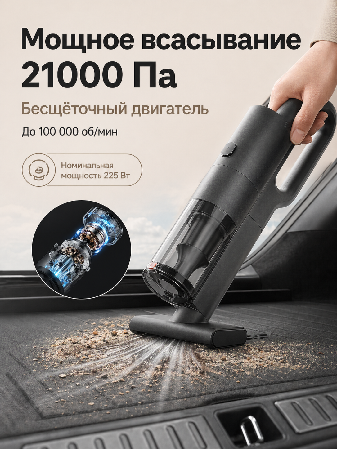 Беспроводной автомобильный пылесос Xiaomi Mijia MJXCQ01QW, 21 кПа, USB-C, чёрный, CN