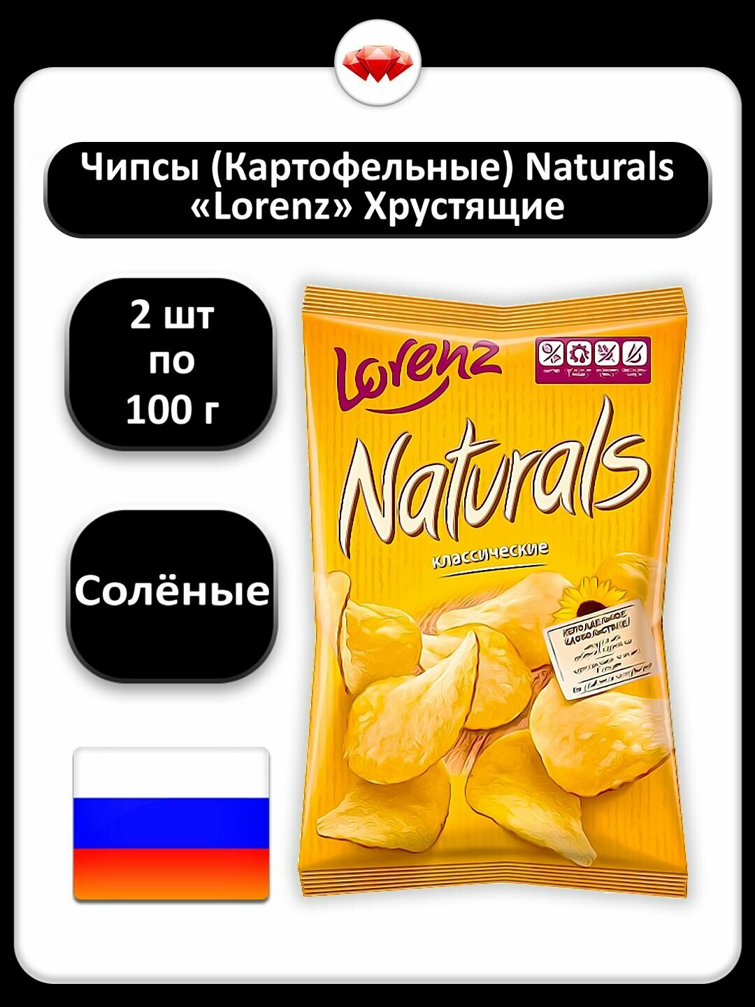 (2 x 100 г) / Naturals, чипсы картофельные классические с солью, хрустящие, из натурального картофеля, без ароматизаторов и красителей, идеальны для перекуса, отдыха и вечеринок
