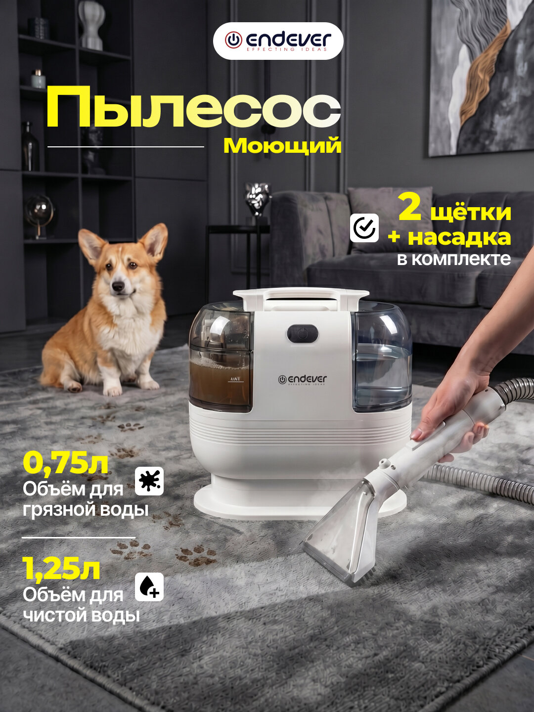 ENDEVER Моющий пылесос для ковров, мягкой мебели, твердых поверхностей / химчистка для дома и салона автомобиля с насадками / пар, холодная, горячая вода 700 Вт SkyClean VC-100