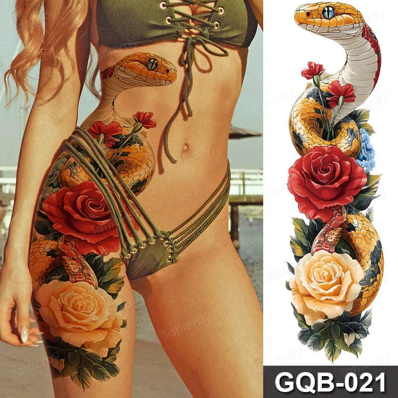 Временная татуировка Tattrendy змея с розами, GQB021