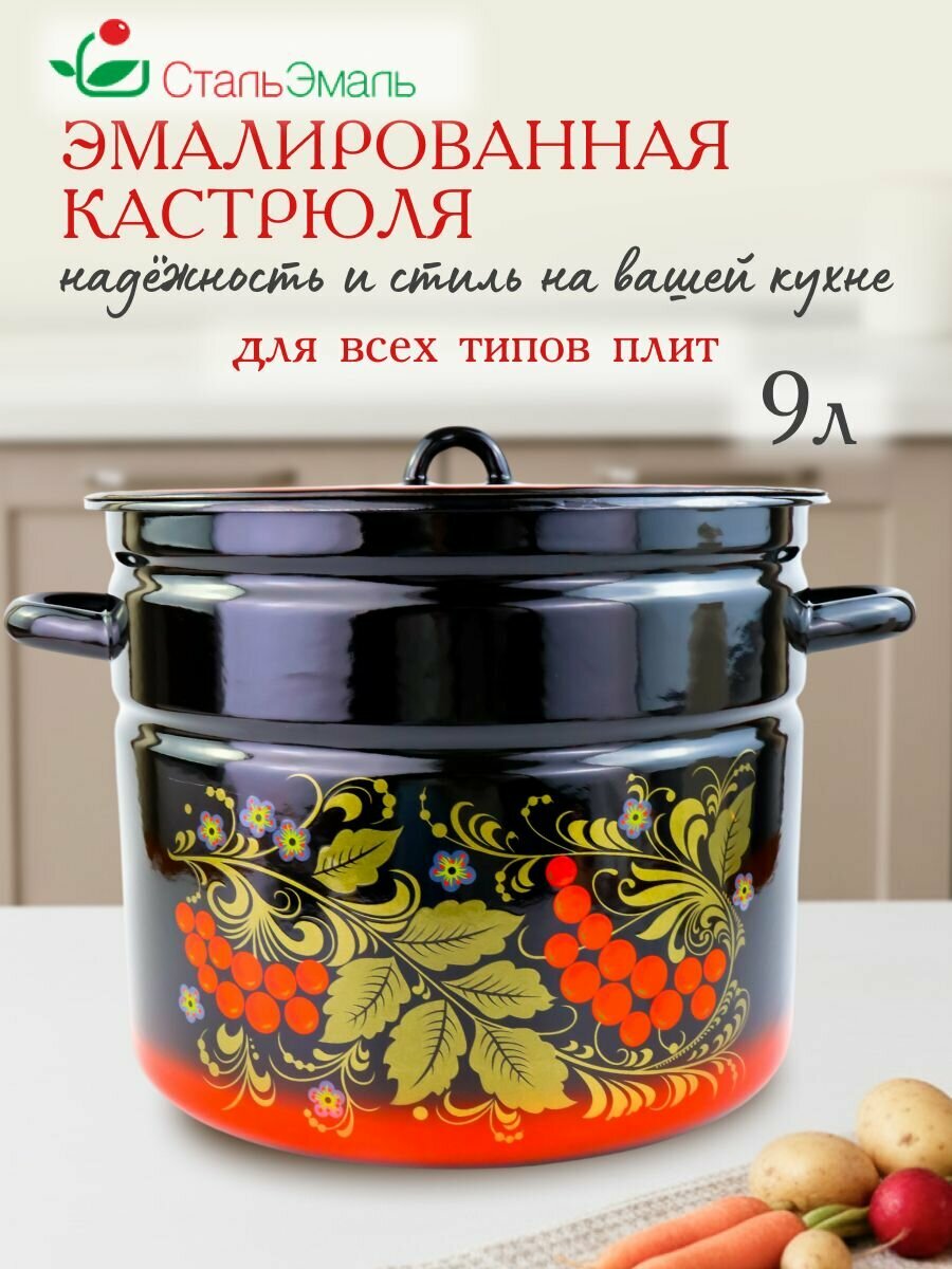 Кастрюля эмалированная 9 л с крышкой, с толстым дном, для всех типов плит
