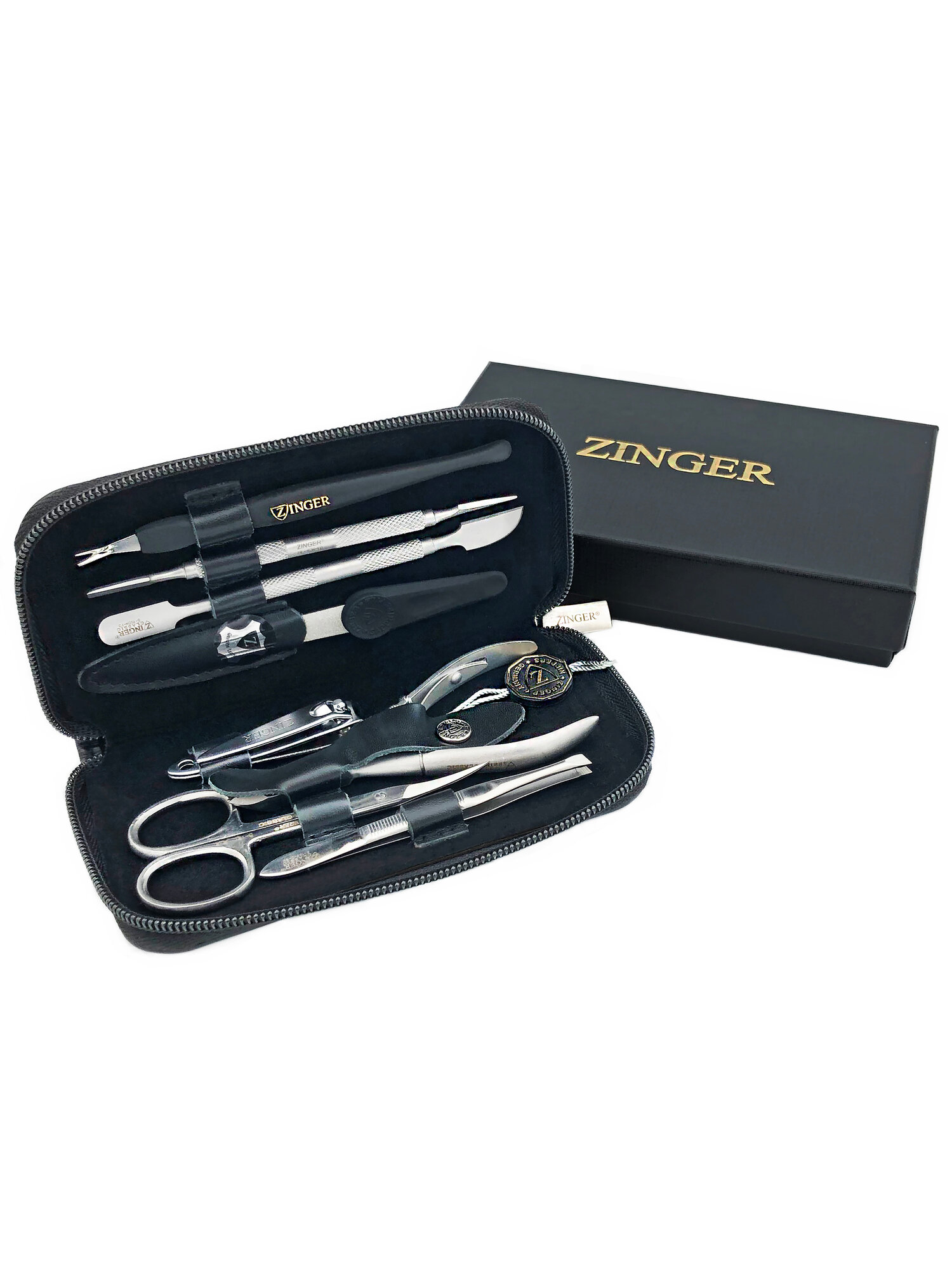 Маникюрный набор мужской Zinger MS-1303-SM, 8 предметов, медицинская сталь, натуральная кожа, серебристый/черный