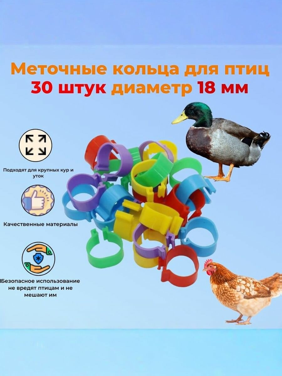 Меточные кольца для птиц, кур, уток 18 мм 30 штук разные цвета набор