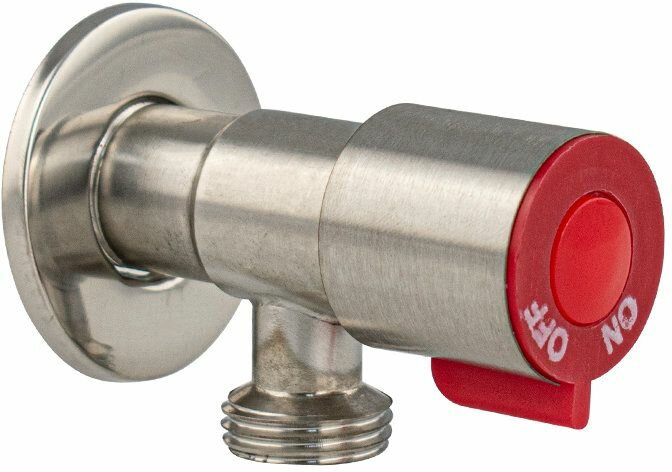 Кран металлокерамика угловой 1/2"х1/2", ручка красный флажок, с отражателем, из нержавеющей стали