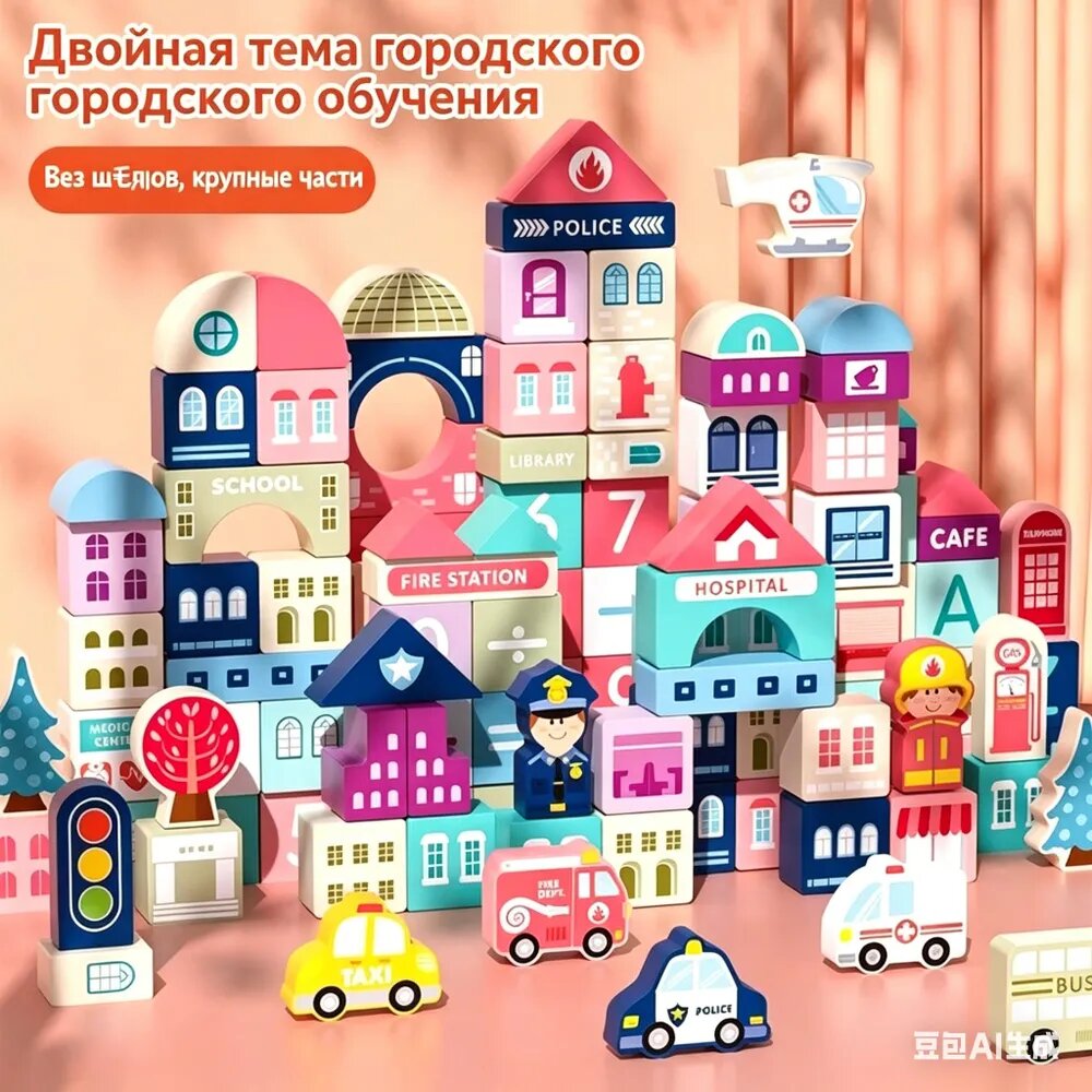 Деревянные конструкторы для детей, 100 деталей, тема города, крупные блоки, безопасные, без заусенцев