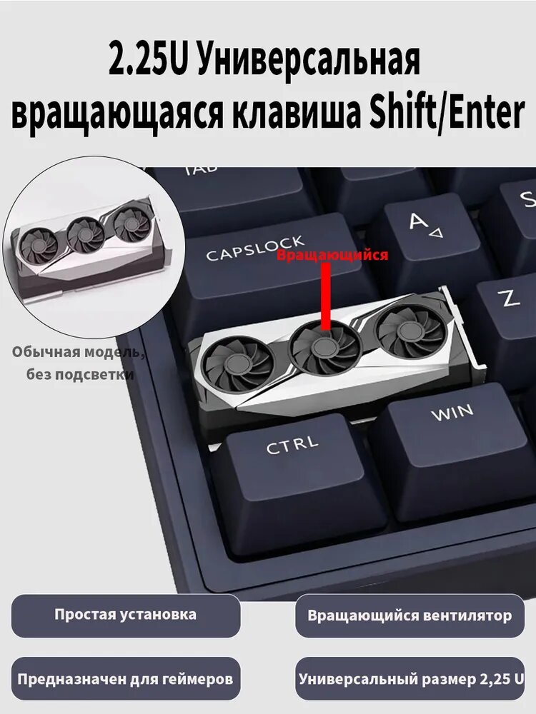 Кейкапы PBT 2.25U для Shift и Enter светопропускающие с вращающимся мини-вентилятором без подсветки, сменные клавиши для механических игровых клавиатур MX