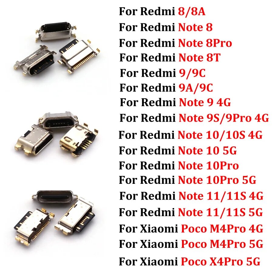 10 шт. USB-разъемы для зарядки (гнезда) для Xiaomi Redmi 8, 8A, 9, 9A, 9C, Note 8, 8T, 9, 10, 11S, Pro, Poco M4, X4 Pro — фото 1