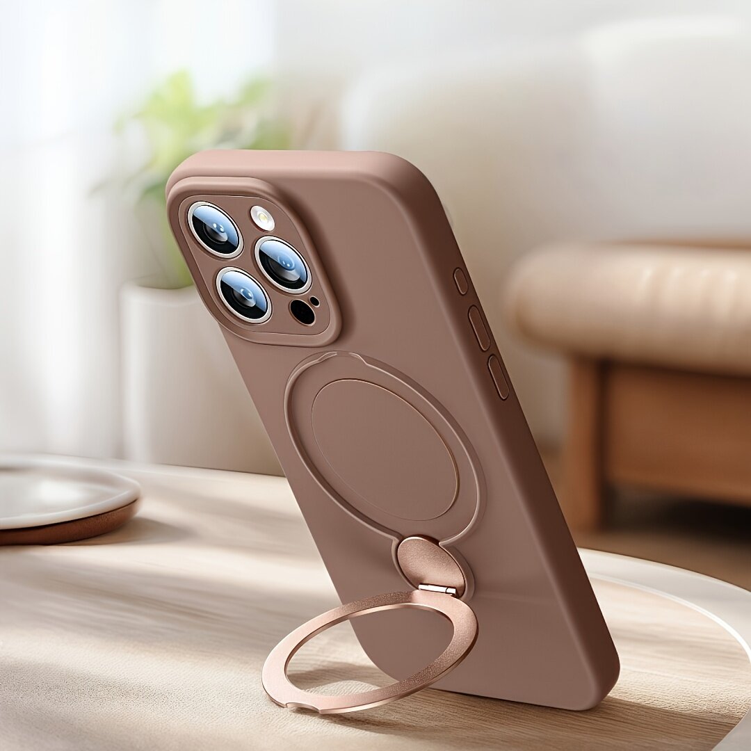 Мягкий ударопрочный магнитный чехол для смартфона с поворотной подставкой 360° и поддержкой беспроводной зарядки, коричневый