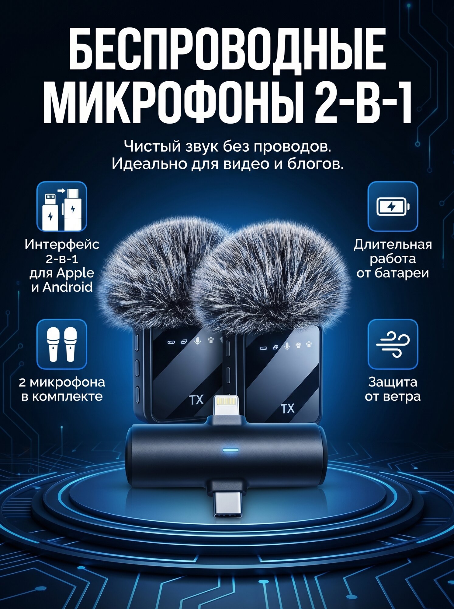 Петличный микрофон петличка с ветрозащитой, петличный микрофон беспроводной (2 микрофона и ресивер)