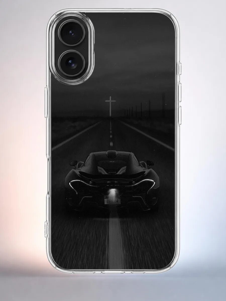 Чехол iPhone 16 McLaren P1 ночью силиконовый прозрачный