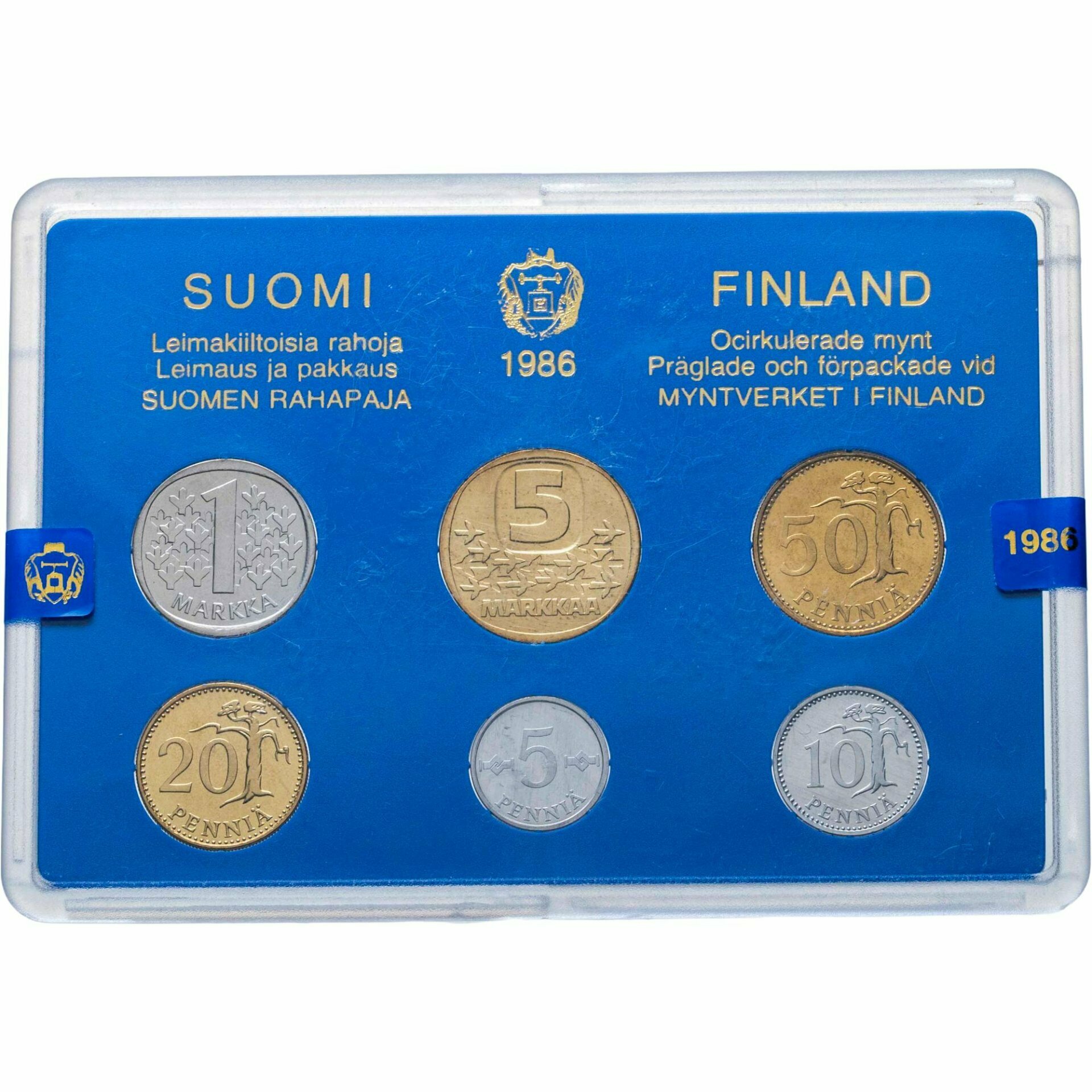 Финляндия полный набор из 6 монет 5, 10, 20, 50 пенни и 1, 5 марок 1986 в футляре, Различные сплавы, в сохранности UNC