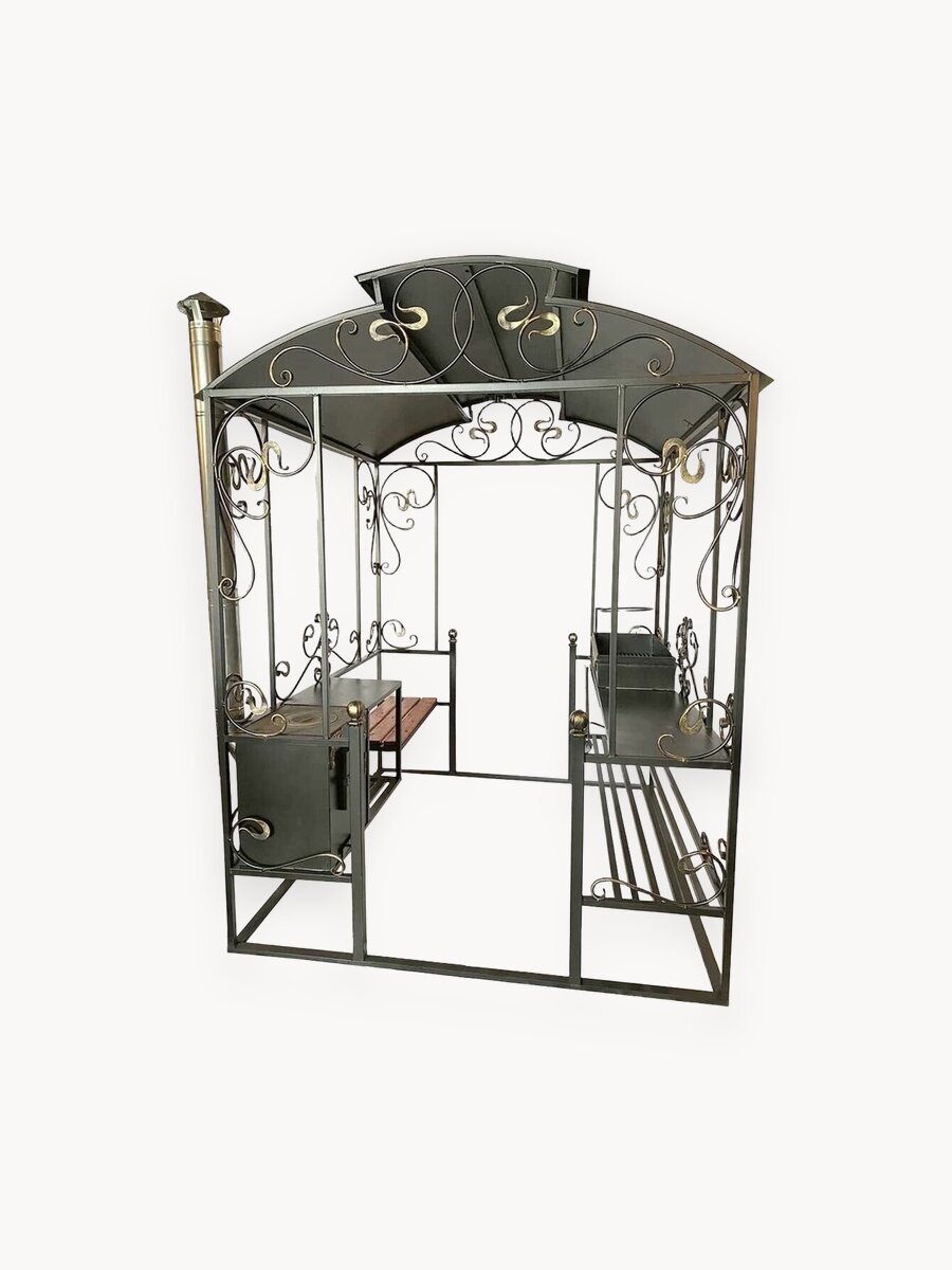 Беседка ARTLi "Камелия", с крышей и печью, металл, черная, длина 1,85 м