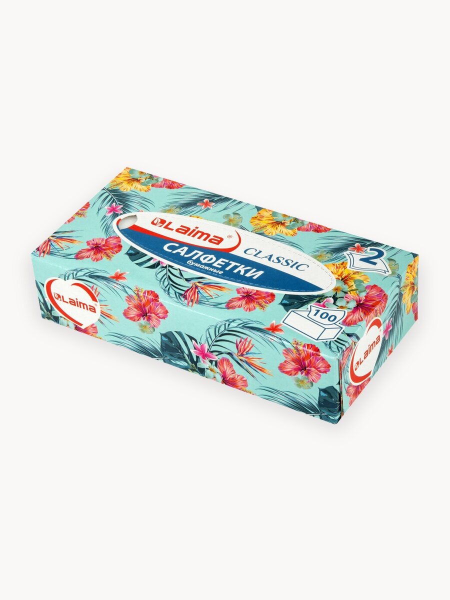 Салфетки / платочки бумажные сухие белые косметические в коробке для лица 100 штук, 2-слойные, Laima Everyday, 20х20 см