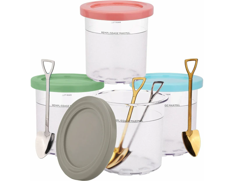Замена стаканов для мороженого Ninja Creami Pint Containers с крышками, совместимые с сериями мороженильных машин NC301 NC300 NC299AMZ, 4 штуки по 16 унций, с 4 ложками, подходит для посудомоечной машины, 4 разных цвета крышек, прозрачные контейнеры