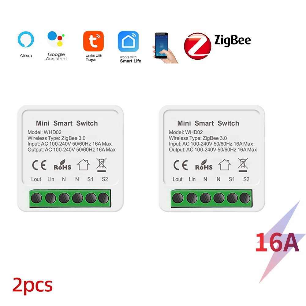 Мини-выключатель Tuya Zigbee 2-клавишный 16А для умного дома 2pcs