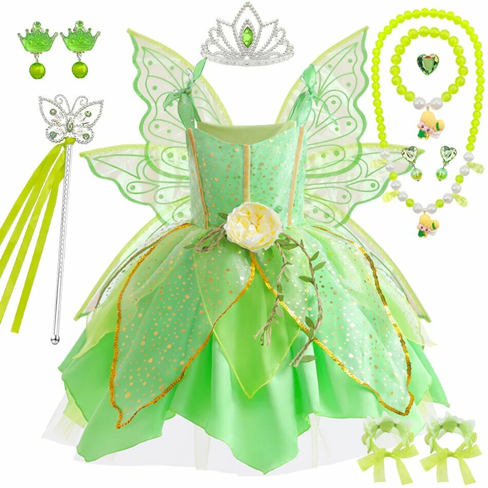 Косплей для девочек, платье феи с цветочным принтом, детский костюм принцессы, зеленые нарядные платья с крыльями, карнавал, Хэллоуин, вечеринка