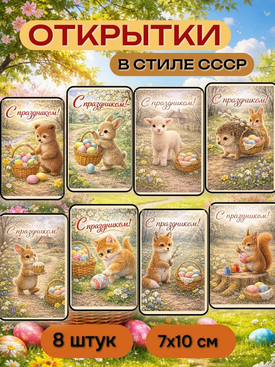Набор мини открыток на пасху ретро СССР 8 шт 7х10 см