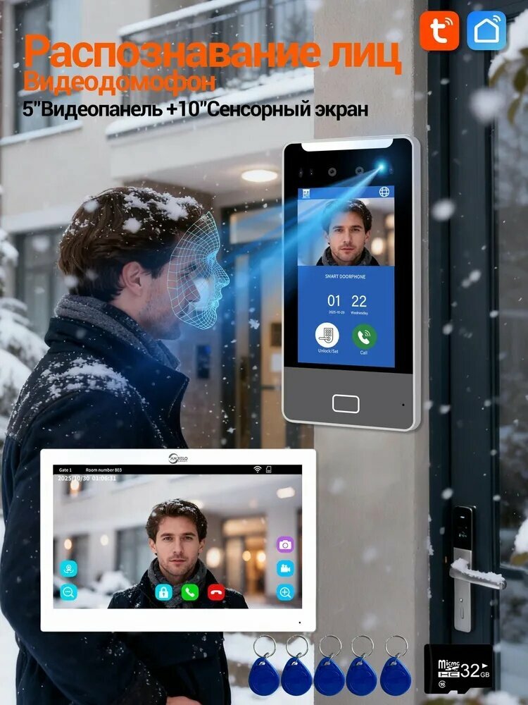 5"Видеопанель, Надежный контроль доступа! Умный домофон с Face ID, 5 способов открытия, антивандальный (IP66), для подъезда, дома, офиса.