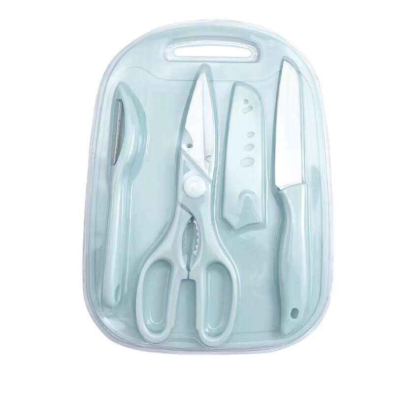 Голубой набор из нержавеющей стали для детского прикорма: средняя разделочная доска и 4-х комплектный набор ножей и