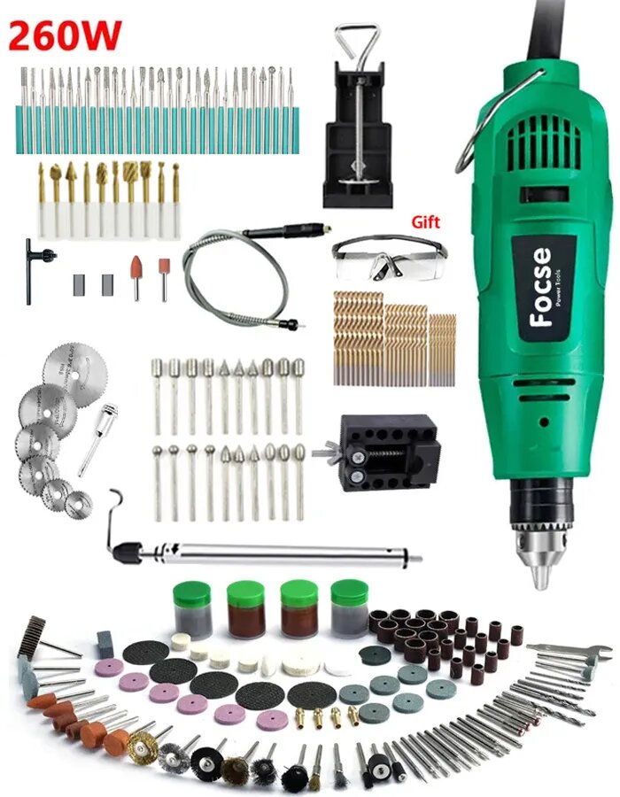 Гравер электрический с насадками и гибким валом в кейсе, 260 Вт