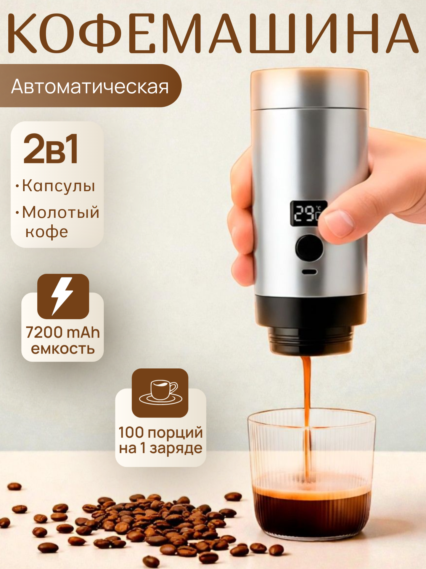 Портативная кофемашина с автоматическим нагревом, кофемашина капсульная, совместима с капсулами и молотым кофеПортативная кофемашина с автоматическим нагревом, кофемашина капсульная, совместима с капсулами и молотым кофе