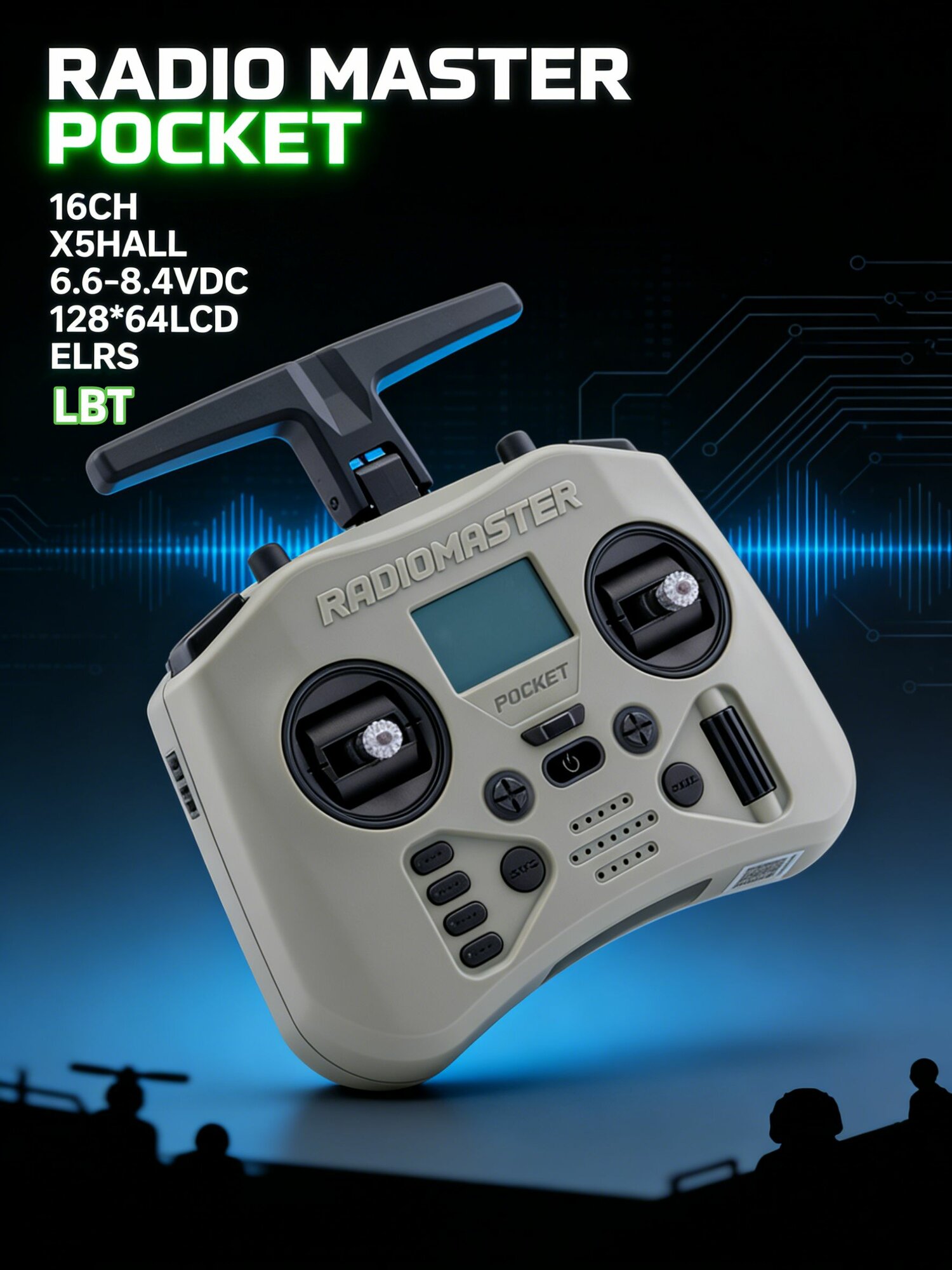 Портативный пульт RadioMaster Pocket Crush 2.4G 16 каналов ELRS. Встроенная LED подсветка и складная антенна. Компактный дизайн для радиоуправляемых моделей.