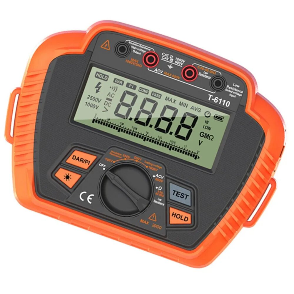 Тестер сопротивления изоляции 1000 В, цифровой мегаомметр, макс. 20 ГОм, измерение низкого коэффициента поглощения