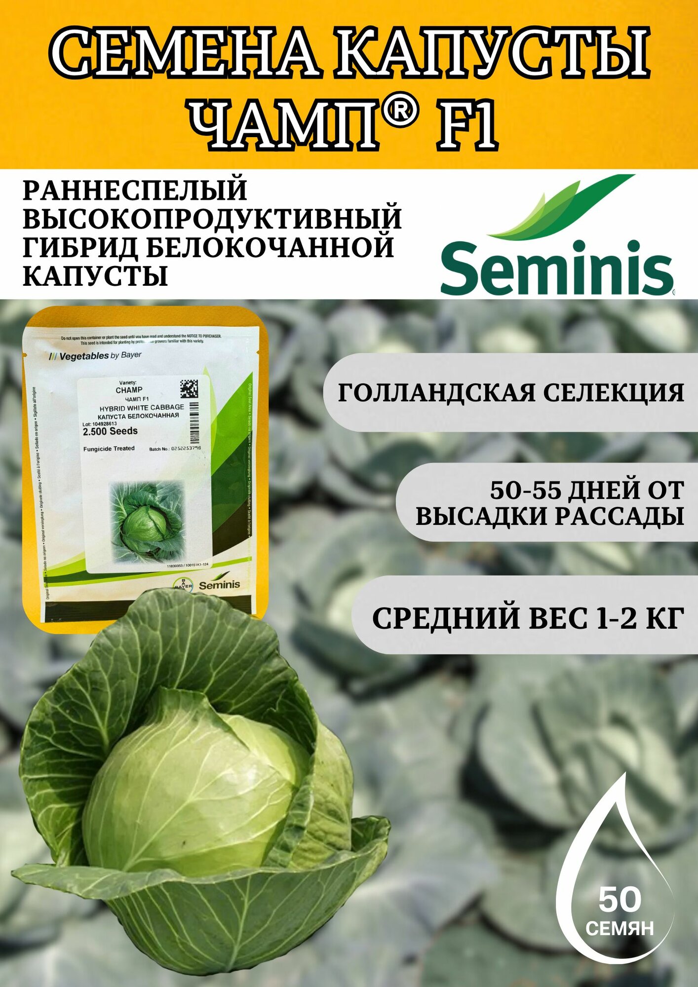 Капуста белокочанная Чамп F1 50 семян, профессиональные семена