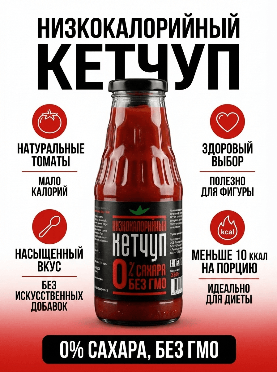 Кетчуп "Кетчуп", низкокалорийный, без сахара, томатный, 330г