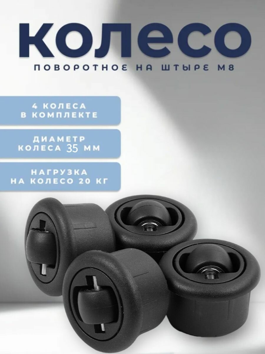 Колесо мебельное черное неповоротное 35мм, 4шт.
