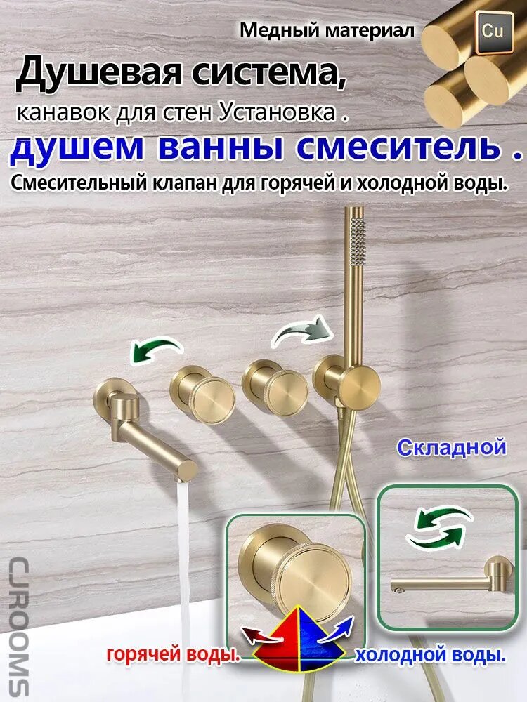 Скрытый смеситель для ванны современный люкс: Двухвентильный, для отеля, дома и премиум-класса, Матовое золото