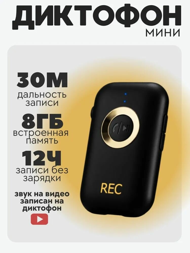 Мини диктофон, с шумоподавлением, 8Гб, черный матовый, пластик