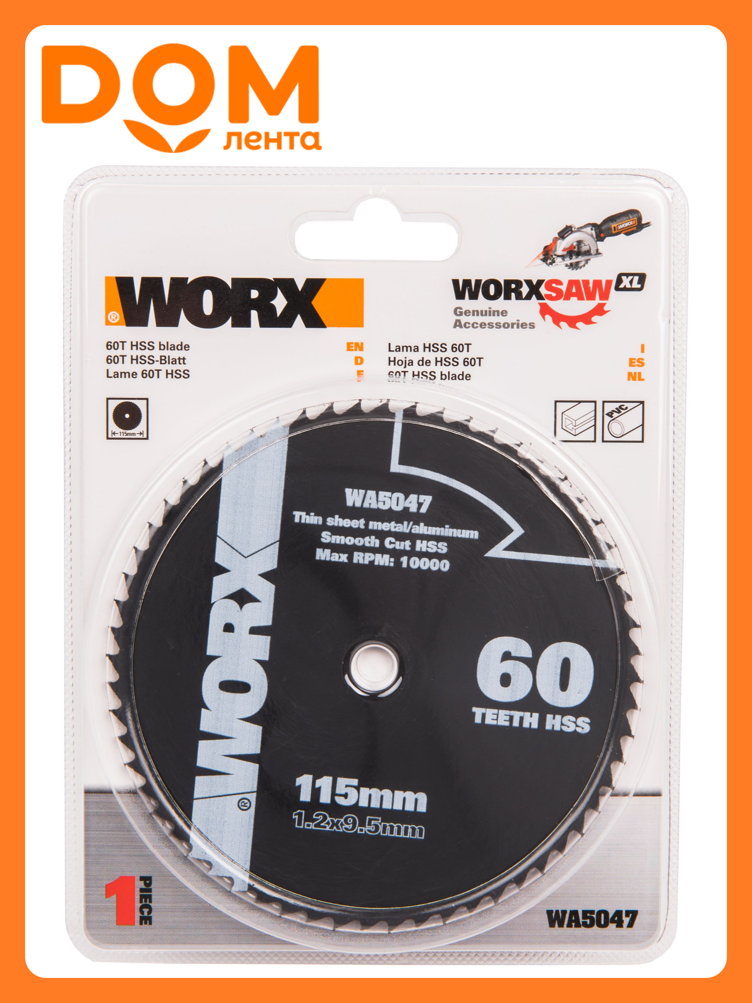 Пильный диск WORX WA5047 HSS, для металла, чистый рез, 115x1,2x9,5мм, 60 зубьев