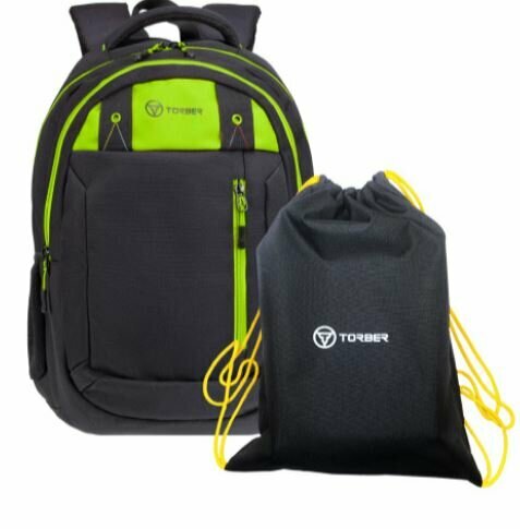Рюкзак TORBER T5220-22-BLK-GRN-M черный/зеленый полиэстр с мешком для обуви