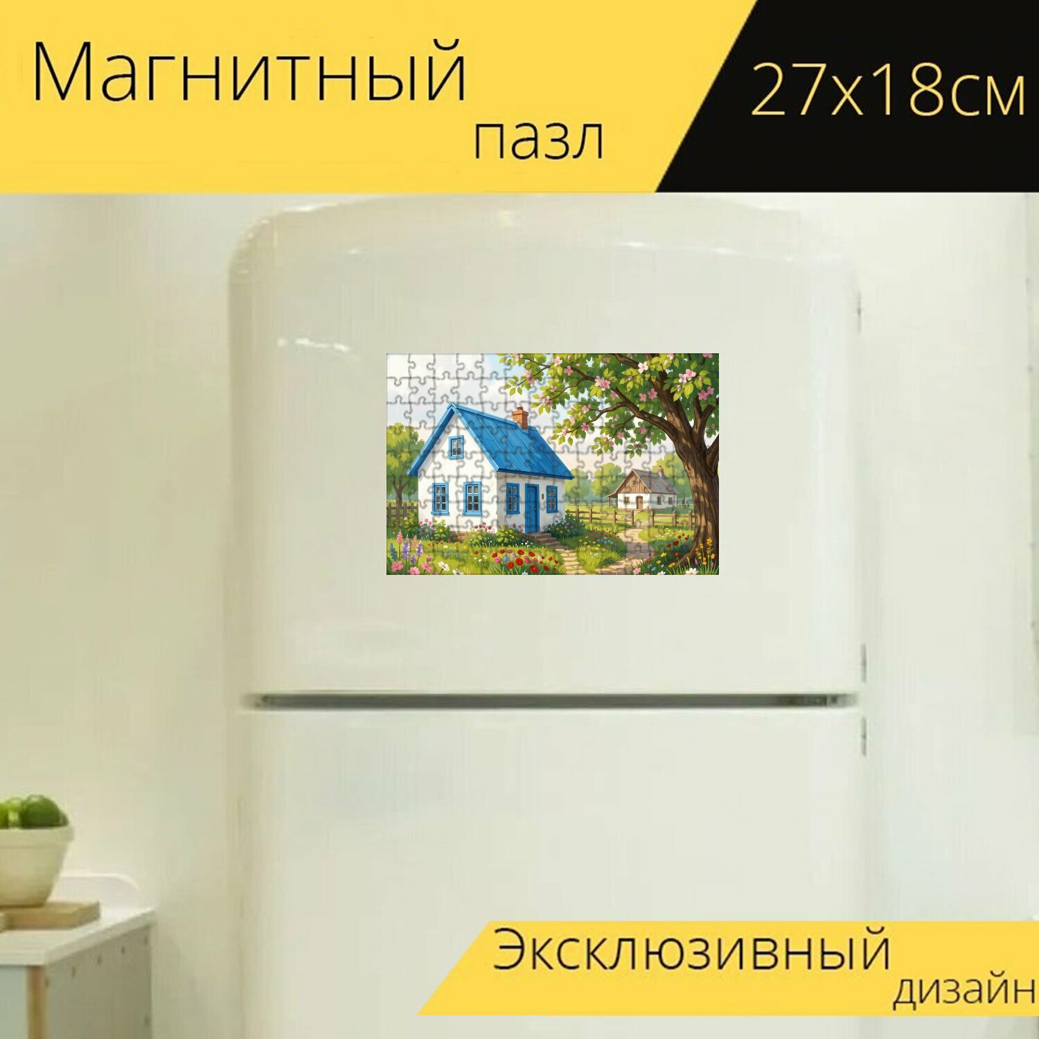 Магнитный пазл "Деревенский дом среди цветущего сада. Уютный сельский пейзаж в светлых пастельных тонах: белые домики с синими крышами, яблоневое дерево." на холодильник 27 x 18 см.